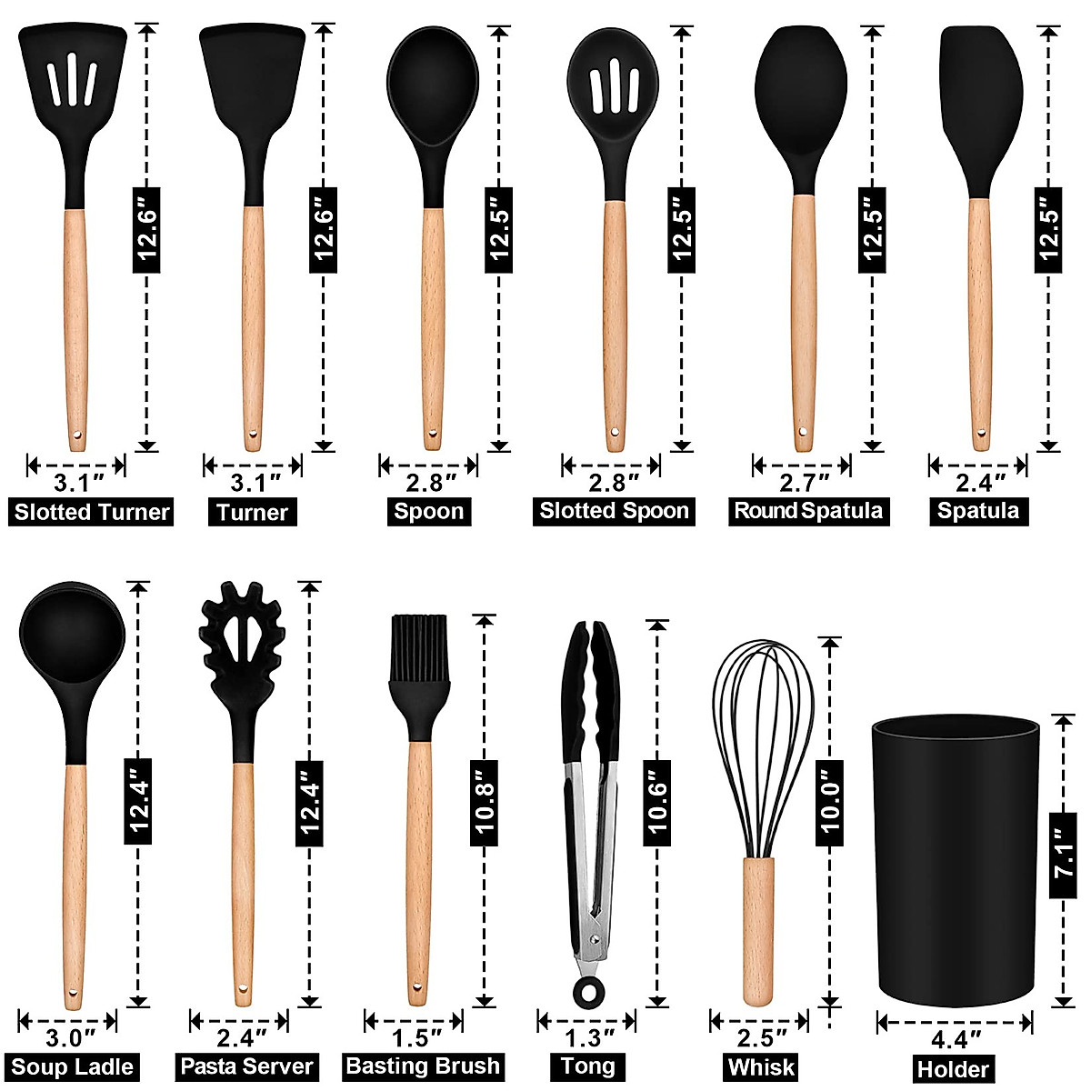 12PCS Cooking Kitchen Utensils, P&P CHEF Silicone Utensil Head with Wooden Handle, Turner, Ladle, Spoon, Spatula, Tong, Brush, and Holder, Heat-resistant & Non-scratch, Non-toxic & Non Smell, (Black)