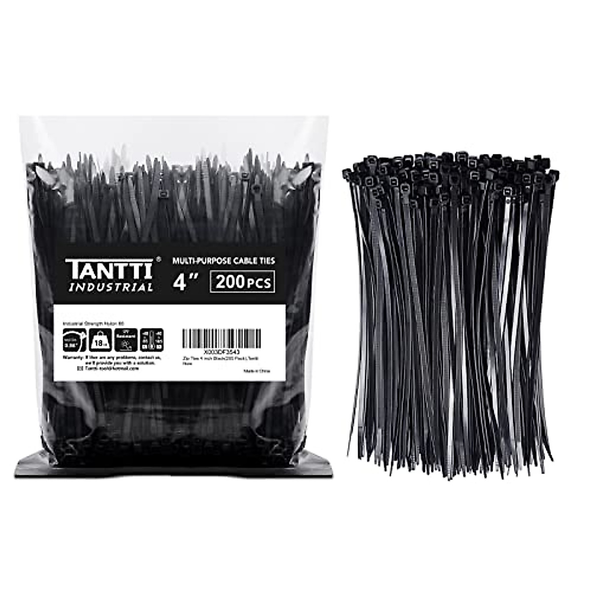 Zip Ties 4 inch, Small Zip Ties with 18 lb Tensile Strength, Black, 200 Pack, by Tantti Supply