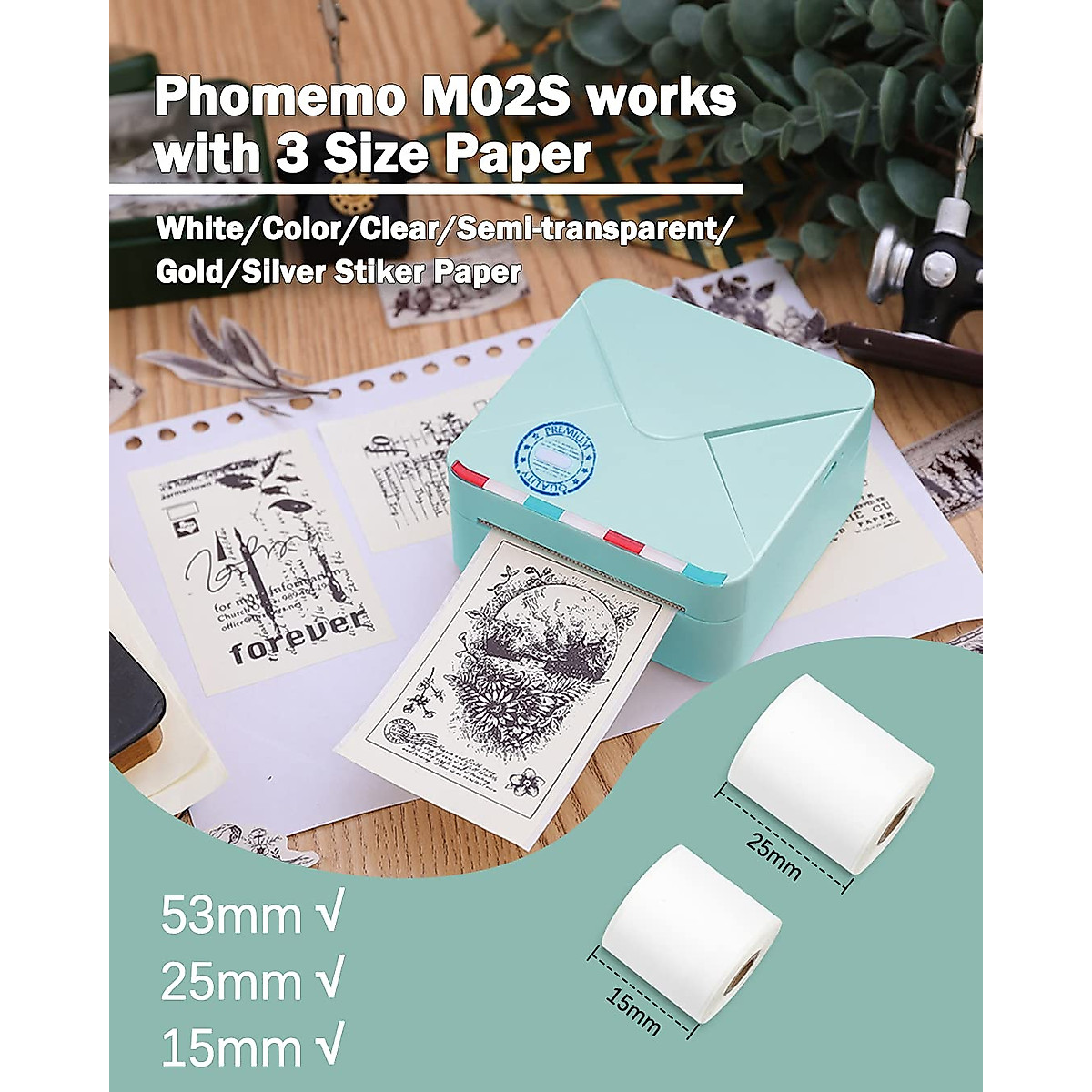 Phomemo 300dpi Mini Note Printer- Bluetooth Portable Thermal Pocket Printer for Home/Office/School, for Planer, Teacher, DIY, Students, with Total 6 Rolls Paper, Cyan