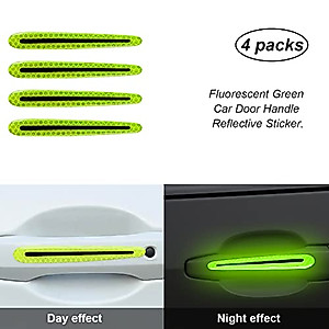 Fekey&JF 4PCS Car Door Handle Protector Reflective Stickers, 3D Car Door Handle Cup Scratches Protective Films, Night Visibility Safety Warning Decal, Universal for Most Cars (Green)