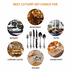 24 Piece Black Patterned Silverware Set Food-Grade Stainless Steel Cutlery Set With Steak Knives Flatware Set for 4 Mirror Polished Tableware Utensil for Home Kitchen Restaurant Ergonomic Durable