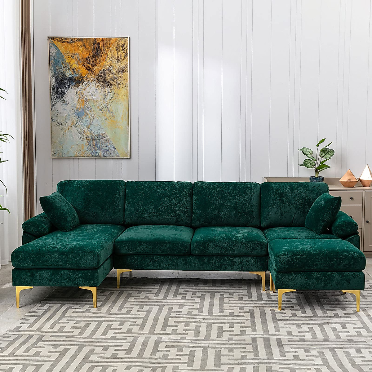 KIVENJAJA U-Shaped Sectional Sofa Couch, Modern Velvet L-Shaped Couch Set with Chaise Lounge, Ottoman and Pillows for Living Room Office Apartment, 114 inches (Emerald Green)