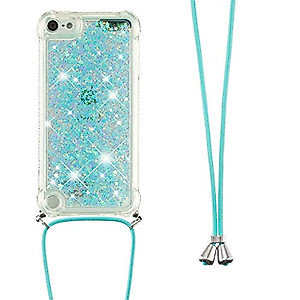 iPod Touch 7 Case, Touch 6 Case, Touch 5 Case, Gift_Source Bling Liquid Glitter Flowing Case Soft Silicone Cover Shell with Neck Strap Lanyard for iPod Touch 5th/6th/7th Generation [Silver Blue Star]