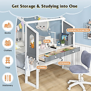 KOMFOTT Full House Bed with Desk, Wood Montessori Bed Frame with House Roof Canopy, 2 Drawers, Modern Playhouse Bed with Fence for Kids, Teens, Girls & Boys, No Box Spring Needed, White & Gray
