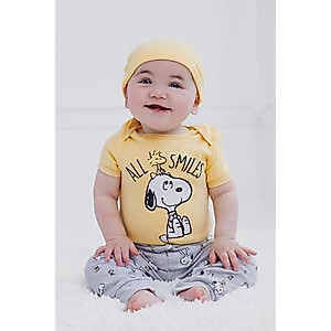 PEANUTS Woodstock Snoopy Infant Baby Boys Cuddly Short Sleeve Bodysuit Jogger Pants Bib and Hat 4 Piece Outfit Set Yellow 18 Months
