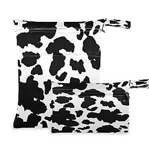 2pcs Wet Dry Bag Black Animal Cow Print Cloth Diaper Bags Waterproof Wet Bags Washable Wet Dry Organizer Pouch with Two Zippered Pockets for Swimsuits Travel Hiking Baby Stroller