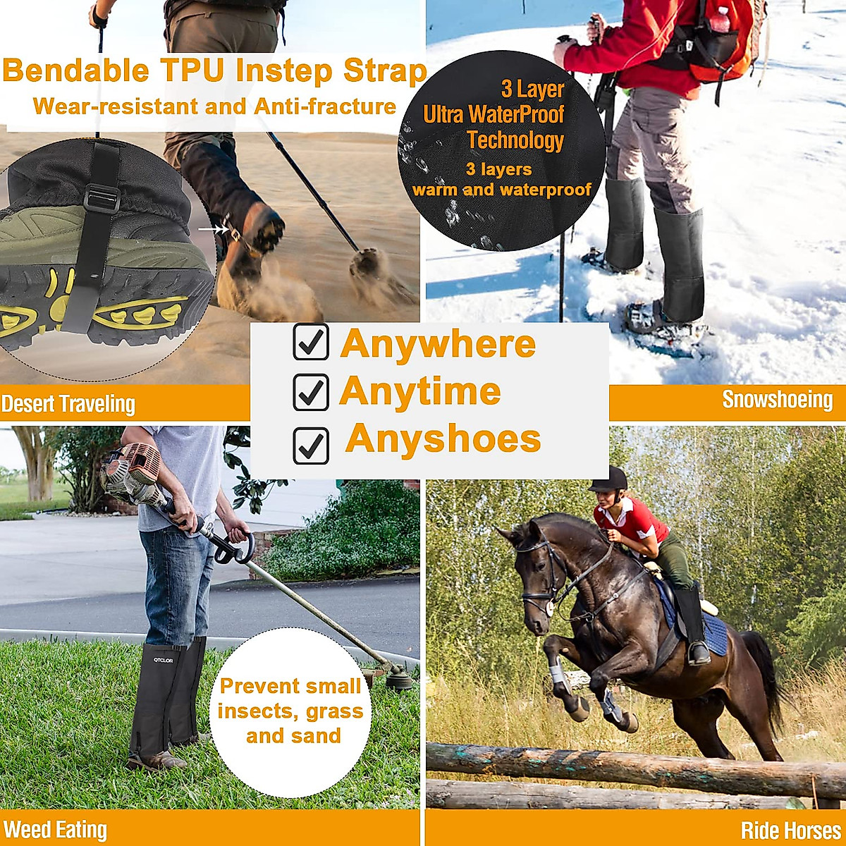 Leg Gaiters Waterproof Snow Boot Gaiters for Snowshoeing, Hiking, Hunting, Running, Motorcycle Anti-Tear Oxford Fabric, TPU Instep Belt Metal Shoelace Hook Adjustable top Buckle Strap for Outdoor