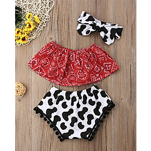 stylesilove Baby Girls Cowgirl Red Bandana Top with Pom Pom Trim Bloomers and Headband 3pcs Outfit (90/12-18 Months)