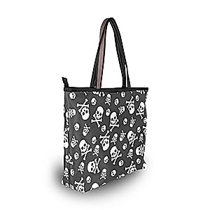 Tote Bag Skull Crossbones Print, Large Capacity Zipper Women Grocery Bags Purse for Daily Life 2 Sizes