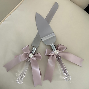 OnePlace Gifts Crystal Wedding Cake Knife & Server Set with Bow and Stainless Steel, Silver
