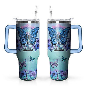 wxmbdzq 40 oz Butterfly Tumbler with Handle and Straw Lid,Leak Proof Travel Stainless Insulated Tumbler,Cup Holder Friendly,Perfect for Outdoor Travel Car and Sports