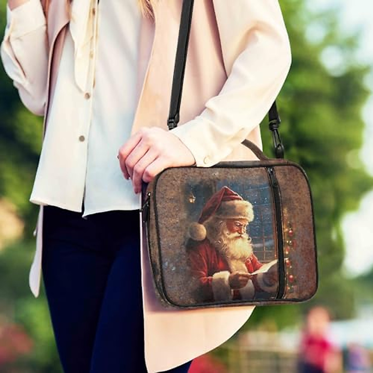 Dajingkj Christmas Bible Covers for Women Large Size Santa Claus Bible Case with Shoulder Strap Zipper Bookcover Bible Carrying Organizer Bible Tote Bag with Handle