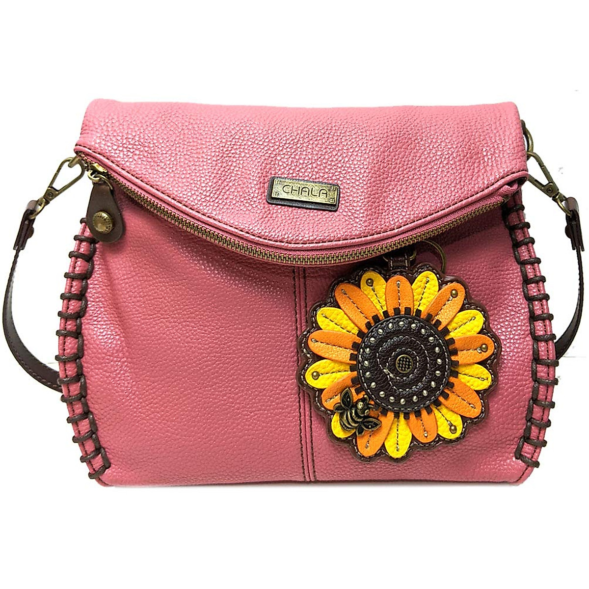 Chala Charming PINK Crossbody Bag With Flap Top and Zipper Cross-Body Purse or Shoulder Handbag with Sunflower Coin Purse- Pink (Sunflower)