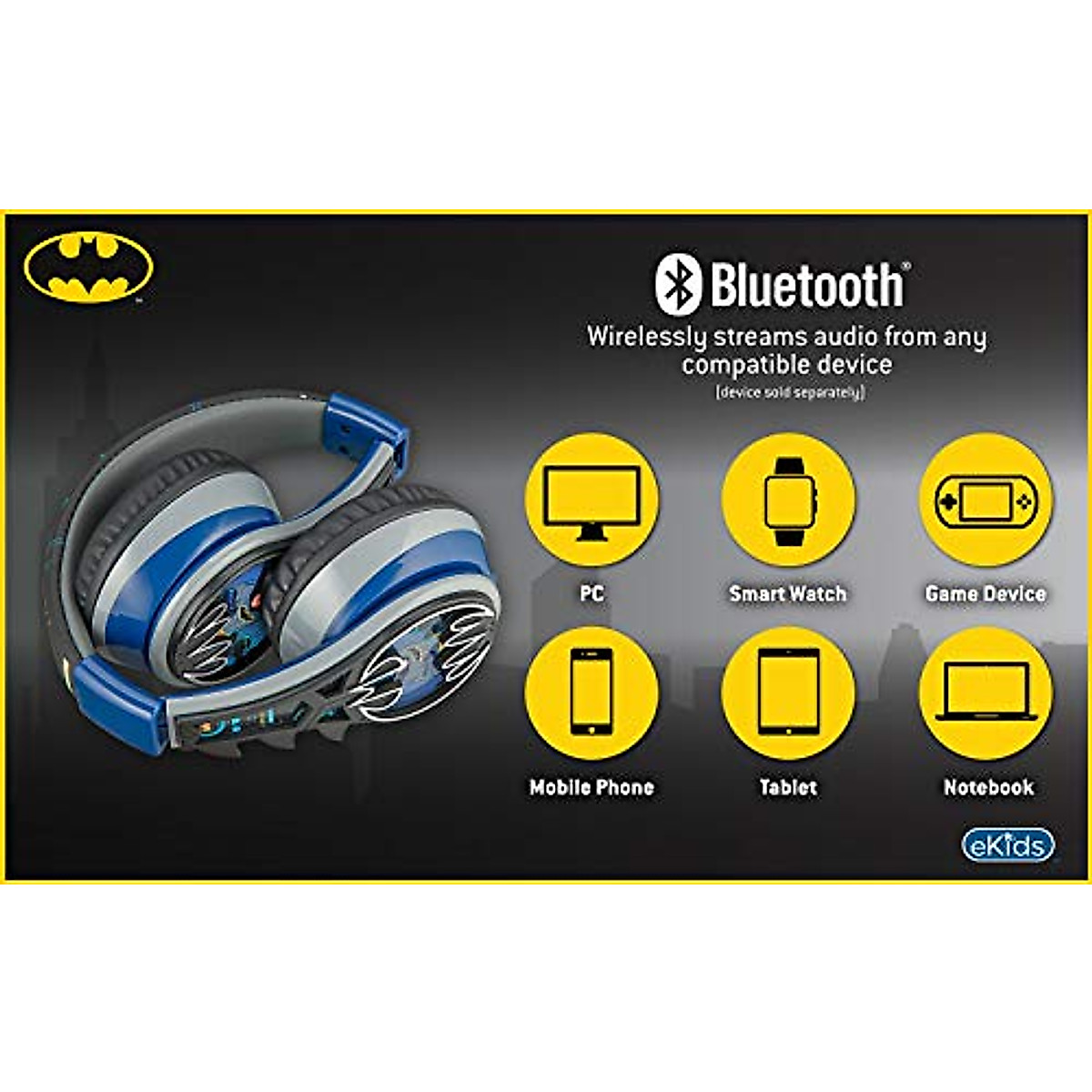 eKids Batman Bluetooth Headphones for Kids, Wireless Headphones with Microphone for Video Call or Zoom Meeting, for Fans of Batman Merchandise and Gifts