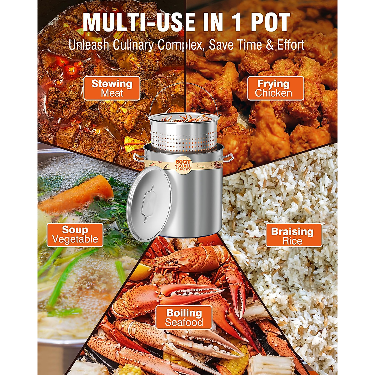 PYY Turkey Fryer with Basket & Lid - 60qt Boil Pot Stainless Steel Crab Lobster Crayfish Shrimp Stock Pot Boiler Deep, Fried Cooker for Commercial Outdoors or Gatherings, 15.7 * 17.3"