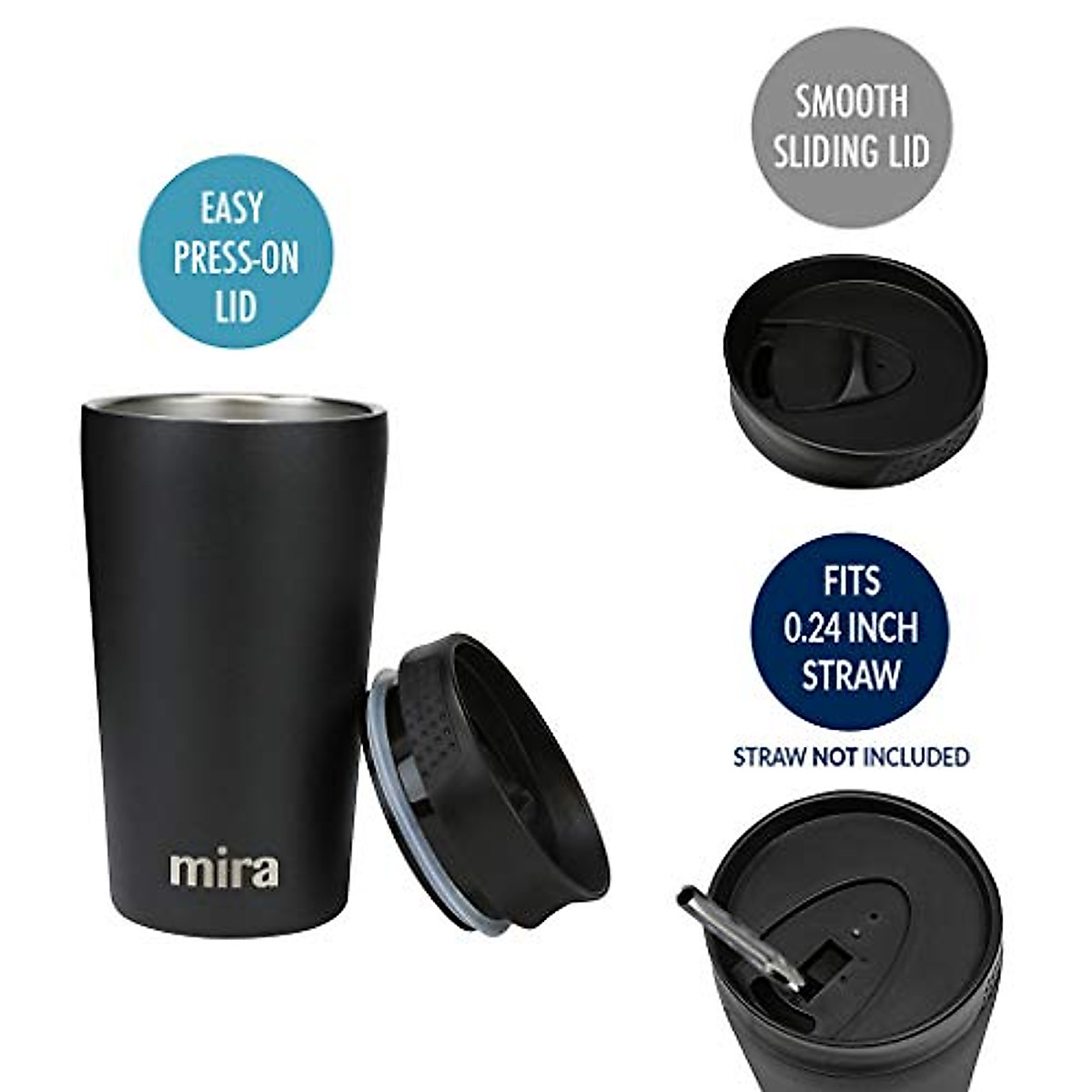 MIRA 2 Pack of 12 oz Stainless Steel Insulated Coffee Travel Mug for Coffee, Tea - Press Lid Tumbler - Vacuum Insulated Coffee Thermos Cup Keeps Hot or Cold - Black