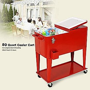 YUSING Patio Rolling Cooler Ice Chest Cart with Bottom Shelf, Portable Beach Patio Party Bar Cold Drink Beverage Chest, 80 Quart, Red
