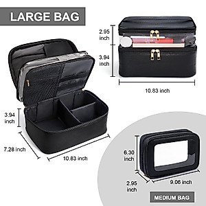 MAGEFY 2 PCS Travel Cosmetic Bags Leather Double Layer Organizer Clear Toiletry Bag Black Makeup Bags for Women Gifts with Adjustable Dividers
