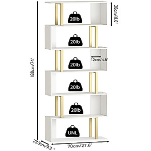 Yusong Geometric Bookcase, S Shaped Bookshelf 6-Tier Book Shelves for Bedroom, Modern Wood Decorative Display Shelf Tall Book Case for Home Office, Gold and White