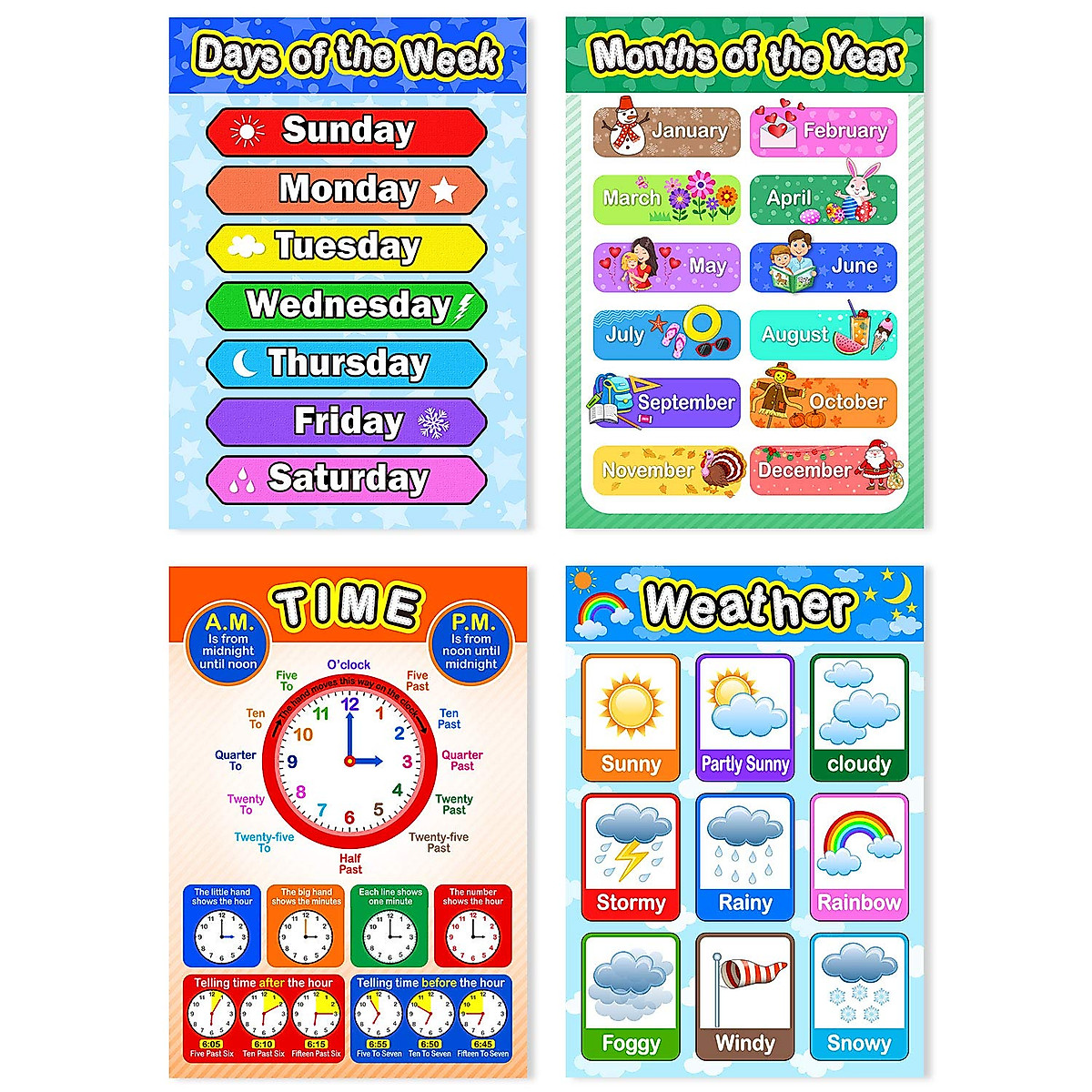 Educational Preschool Poster for Toddler and Kid with Glue Point Dot for Nursery Homeschool Kindergarten Classroom - Teach Numbers Alphabet Colors Days and More 16 x 11 Inch (12 Pieces, English Style)