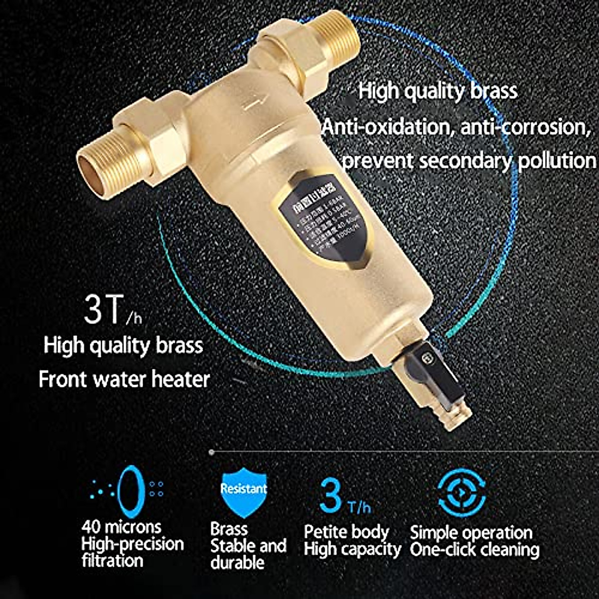 CJGS Water Pre-Filter,Reusable Spin Down Sediment Filter Faucet Water Purifier - Central Prefilter Whole House Water Filter Purifier System 3T/h Siphon Backwash 40um