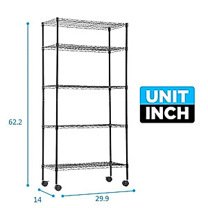 24/7 Shop at Home Rex Industrial 5 Tier Wire Shelving Rack with Wheels, Adjustable Shelves and NSF Certified, Metal Storage Shelves for Kitchen, Office, Garage, Basement, Laundry Room, Black