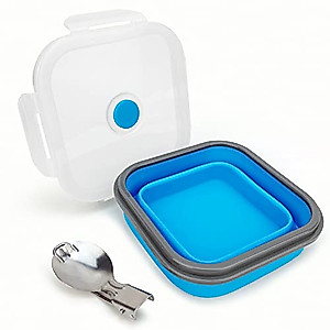 CARTINTS 900ml Collapsible Bowl With Plastic Lid for Camping, Silicone Lunch Container Set Includes Foldable Spoon, Space-Saving Travel Food Container, Microwave Freezer Safe, Blue
