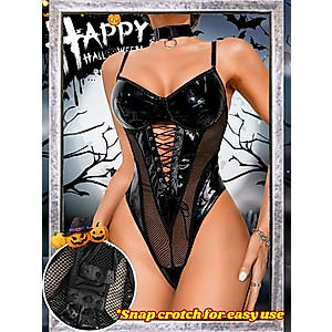 Kaei&Shi Rave Bodysuit Corset For Women,Leather Bodysuits Fishnet Body Suit Suits Plunge Deep V Lingerie Womens,Corsets Sexy Tops Top Bottle Girl,Latex Dominatrice Outfits Bdsm Black Large