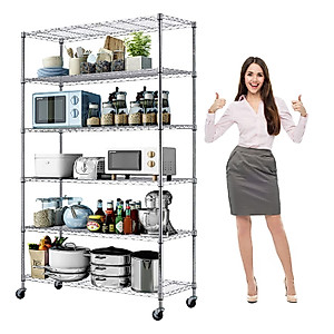 Hudada Garage Shelving 48 L×18 W×82 H Wire Shelving with Wheels Metal Storage Shelves Heavy Duty 6 Tier Adjustable Shelving with Casters for Restaurant Garage Pantry Kitchen Garage Rack - Chrome