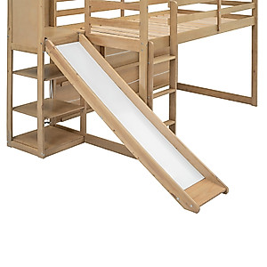 Merax Twin Size House Loft Bed with Slide and Storage Shelves, Wood Loft Bed for Boys & Girls (Natural)