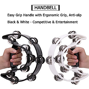 2Pack 10" Double Row Tambourine for Adult, Half Moon Musical Tambourine 20 Metal Jingles Hand Held Percussion Drum, Plastic Musical Percussion Tambourines for Adults, Church, KTV, Party, Black & White