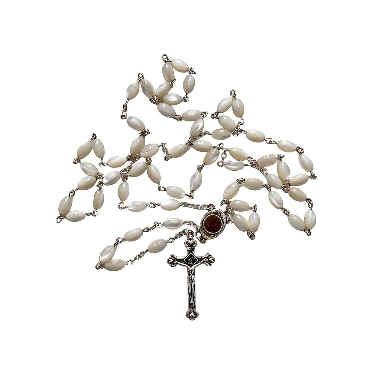 Spring Nahal Catholic Mother of Pearl Glass Crystal Rosary Necklace - Holy Wooden Beads with Silver Cross for Men and Women - From from Jerusalem