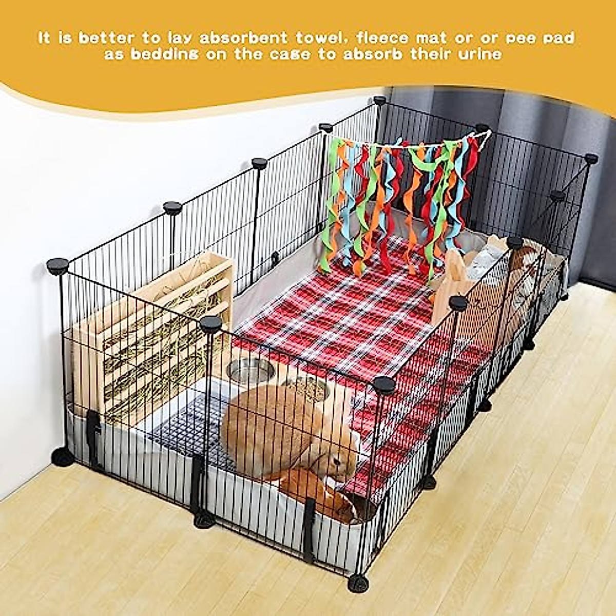 FHTONGE Large Guinea Pig Cage with Bottom Trap, 8 Sq Ft Guinea Pig Playpen with Waterproof C&C Cage Liner, 48x24'' Metal Small Animal Cage Habitat for Hamster Hedgehog Bunny (12 x Cage Panels)
