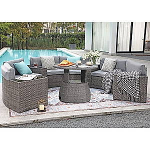 SUNSITT Outdoor Patio Furniture 11-Piece Half-Moon Sectional Round Patio Furniture Set Curved Outdoor Sofa with Aluminum Lift Top Round Coffee Table, Grey Rattan, Grey Cushions
