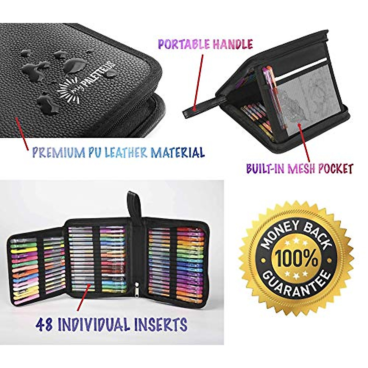 96 Color Artist Gel Pen Set, PU LEATHER TRAVEL CASE AND 48 MATCHING COLOR REFILLS INCLUDED, 48 Ink Gel Pens 24 Glitter 12 Metallic 12 Neon for Adult Coloring Books Drawing Doodling Crafts Journaling