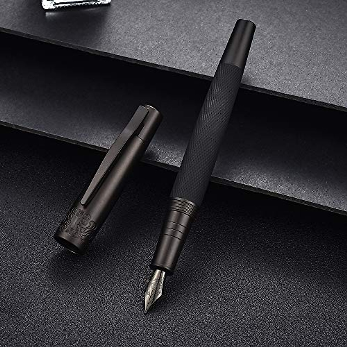 6013 Pure Black Solid Metal Fountain Pen Extra Fine Nib, Senior General Ink Converter Pen Metal Box by Hongdian