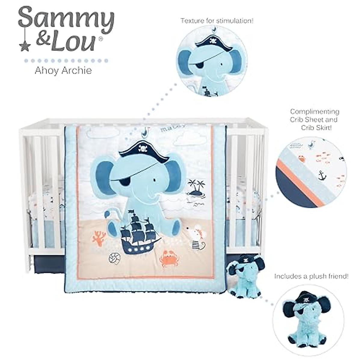 Sammy & Lou Ahoy Archie 4-Piece Baby Nursery Crib Bedding Set for Boys, Includes Quilt, Fitted Crib Sheet, Crib Skirt, and Plush Toy