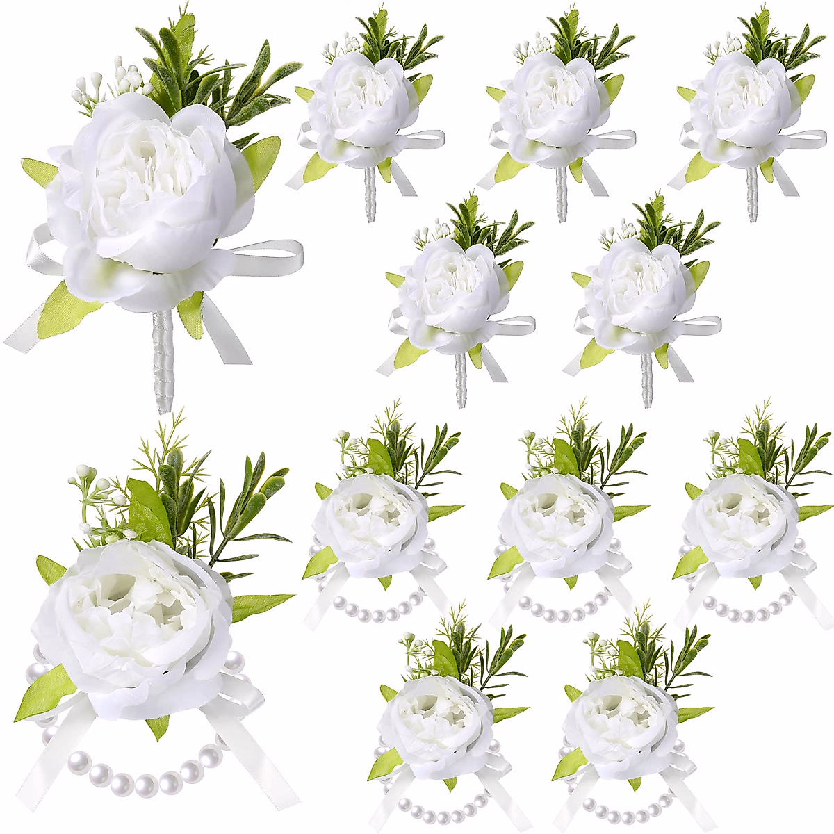 Jexine 12 Pcs Rose Wrist Corsage Wristlet Band Bracelet and Men Boutonniere Set White Flower Corsage Wrist Flowers and Boutonniere Buttonholes for Wedding Flowers Accessories Decor