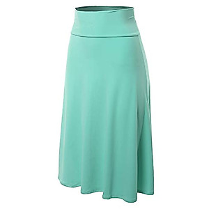Solid A-Line Fold Over Waist Band Flared Midi Skirt Blue Grey L