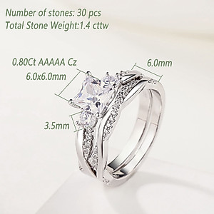 Wuziwen 1 Carat Wedding Infinity Band Bridal Ring Sets Princess AAAAA CZ Sterling Silver Size 6