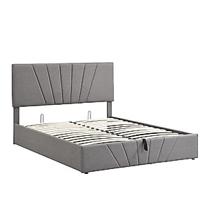 CITYLIGHT Upholstered Queen Platform Bed Frame with Storage, Queen Size Bed with Gas Lift Up Storage, Wooden Queen Storage Bed with Tufted Headboard and Hydraulic Storage System,Grey