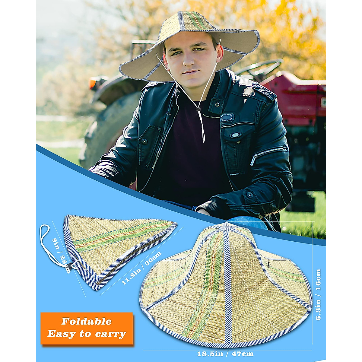Foldable Straw Hat for Farmer Men Women Adult Fishing Sun Fan Cap Summer Cool Floppy Wide Brim Beach Hat Light Brown