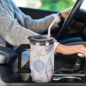 Watercolor Seashell Pattern Insulated Tumblers with Handle Stainless Steel Coffee Mug Funny Travel Cup with Lid Straw 40oz
