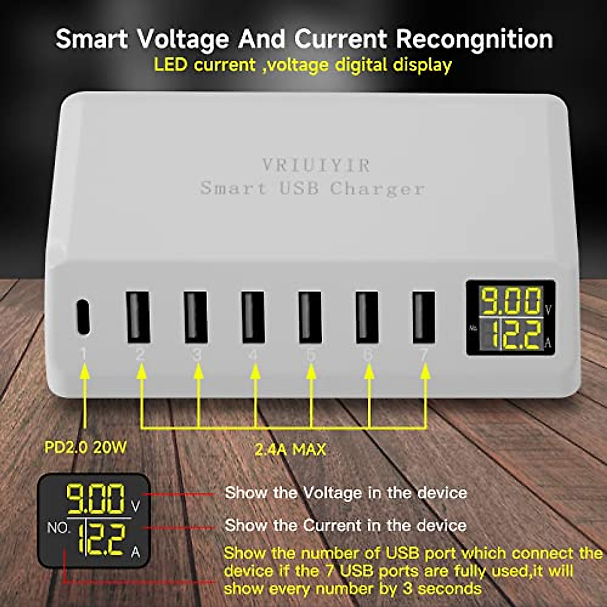 USB Charging Station, 60W/12A 7-Port USB Charger Station with LED Display for Multiple Devices PD20W USB C Charger for All iPad iPhone14/13/12 Pixel Galaxy Tablet Headphones and More (White)