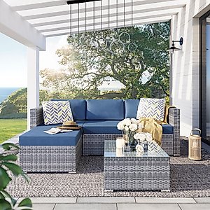 SUNLEI 3-Piece Patio Sectional Sofa, Patio Furniture Set with Cushions, All Weather Outdoor PE Wicker Patio Conversation Sofa Set with Glass Coffee Table & ottoman, Silver Rattan/Aegean Blue