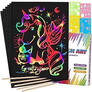Mocoosy 60 Pcs Scratch Art Paper for Kids, Rainbow Magic Scratch Off Paper Set Art Craft Kit Black Scratch Paper Sheets with 4 Stencils 5 Wooden Stylus for Birthday Party Favors Game Activities