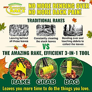 Amazing Rake Back Saving Garden Rake ― Leaf Rakes for Gardening ― Leaf Picker Upper ― Heavy Duty Leaves Claw & Rakes Lawns Garden Tool ― Easy Leaf & Grass Grabber Without Bending Over ― Yellow
