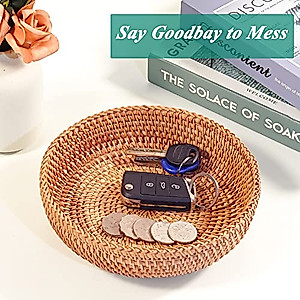 Small Round Key Bowl Woven Key Basket for Entryway Table Wicker Storage Basket for Remote Control, Wallet, Cell Phone, Catch All Bowl Tray for Small Item Display Basket for Candy Cracker and More