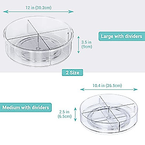 Lazy Susan Turntable, Ohuhu 2 Pack Lazy Susan Organizer 12" & 10.4'' Round Plastic Clear Lazy Susans Spice Rack Non-Skid Turntable Organizer with 2 Division Plate for Cabinet Pantry Fridge Countertop