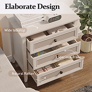 RoyalCraft White Dresser for Bedroom Set of 2, Boho Tall Dresser with 3 Rattan Decorated Drawers, Modern Wood Chest of Drawers for Closet, Living Room, Hallway, Entryway